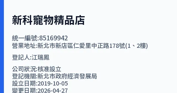 新科寵物精品店的照片-統編 85169942(新北市) 公司登記資料與營業項目詳細圖表