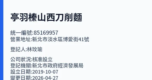 亭羽榛山西刀削麵的照片-統編 85169957(新北市) 公司登記資料與營業項目詳細圖表