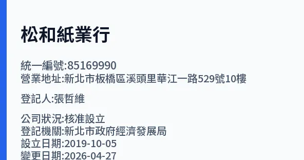 松和紙業行的照片-統編 85169990(新北市) 公司登記資料與營業項目詳細圖表