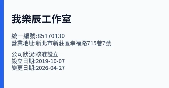我樂辰工作室的照片-統編 85170130(新北市) 公司登記資料與營業項目詳細圖表
