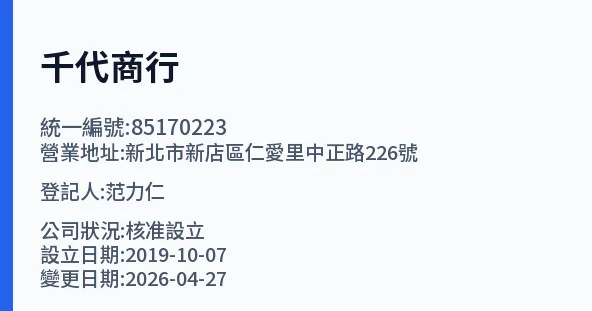 千代商行的照片-統編 85170223(新北市) 公司登記資料與營業項目詳細圖表
