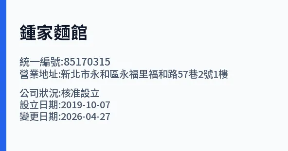 鍾家麵館的照片-統編 85170315(新北市) 公司登記資料與營業項目詳細圖表
