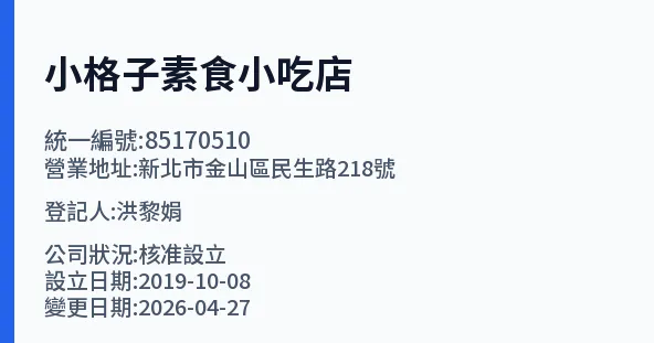 小格子素食小吃店的照片-統編 85170510(新北市) 公司登記資料與營業項目詳細圖表