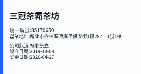 三冠茶霸茶坊的照片-統編 85170650(新北市) 公司登記資料與營業項目詳細圖表