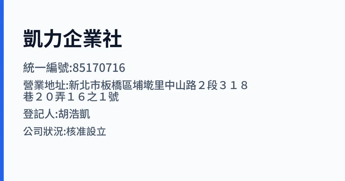凱力企業社 - 統編 85170716(新北市) 公司登記資料與營業項目詳細圖表