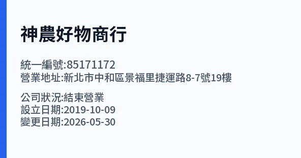 神農好物商行的照片-統編 85171172(新北市) 公司登記資料與營業項目詳細圖表