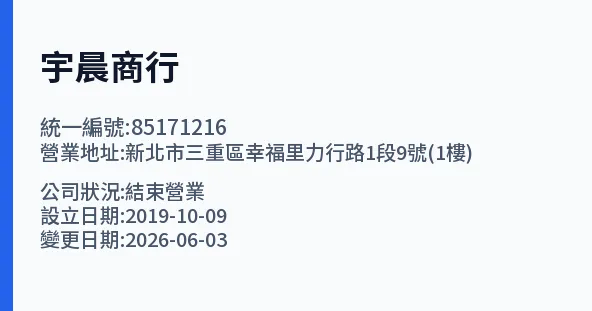 宇晨商行的照片-統編 85171216(新北市) 公司登記資料與營業項目詳細圖表