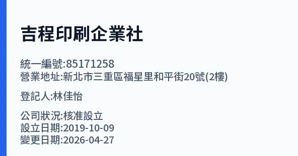 吉程印刷企業社的照片-統編 85171258(新北市) 公司登記資料與營業項目詳細圖表