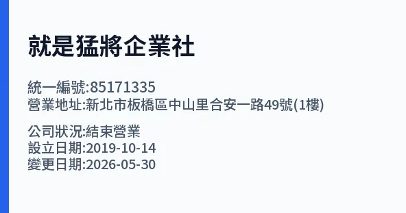 就是猛將企業社的照片-統編 85171335(新北市) 公司登記資料與營業項目詳細圖表