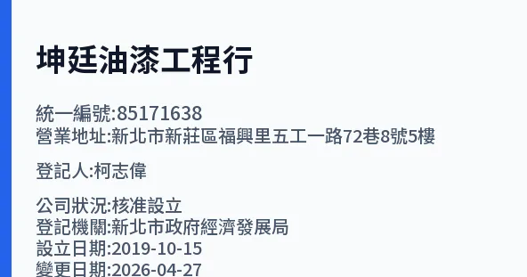 坤廷油漆工程行的照片-統編 85171638(新北市) 公司登記資料與營業項目詳細圖表