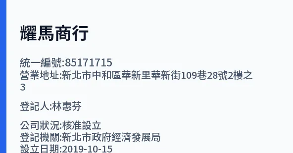 耀馬商行的照片-統編 85171715(新北市) 公司登記資料與營業項目詳細圖表