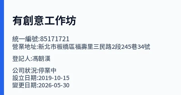 有創意工作坊的照片-統編 85171721(新北市) 公司登記資料與營業項目詳細圖表