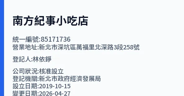 南方紀事小吃店的照片-統編 85171736(新北市) 公司登記資料與營業項目詳細圖表