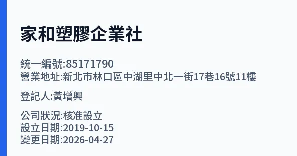 家和塑膠企業社的照片-統編 85171790(新北市) 公司登記資料與營業項目詳細圖表