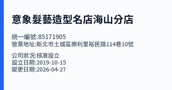 意象髮藝造型名店海山分店的照片-統編 85171905(新北市) 公司登記資料與營業項目詳細圖表