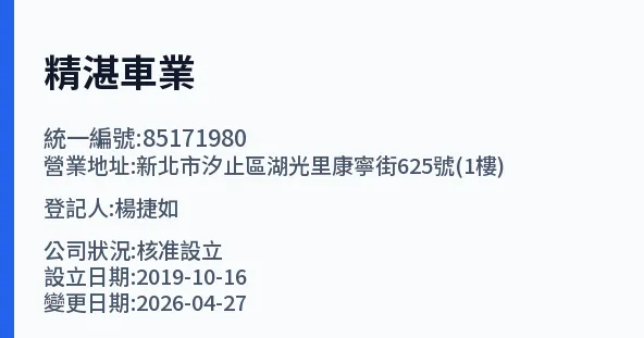 精湛車業的照片-統編 85171980(新北市) 公司登記資料與營業項目詳細圖表