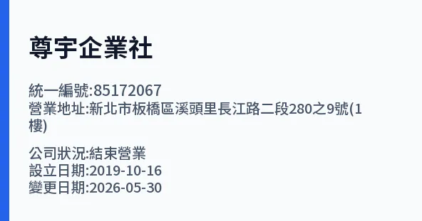 尊宇企業社的照片-統編 85172067(新北市) 公司登記資料與營業項目詳細圖表