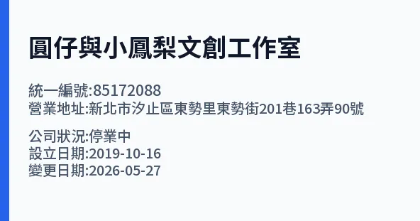 圓仔與小鳳梨文創工作室的照片-統編 85172088(新北市) 公司登記資料與營業項目詳細圖表