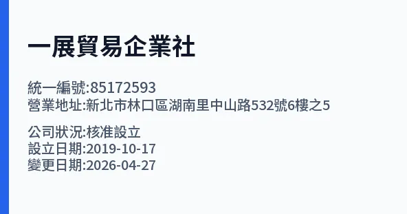 一展貿易企業社的照片-統編 85172593(新北市) 公司登記資料與營業項目詳細圖表