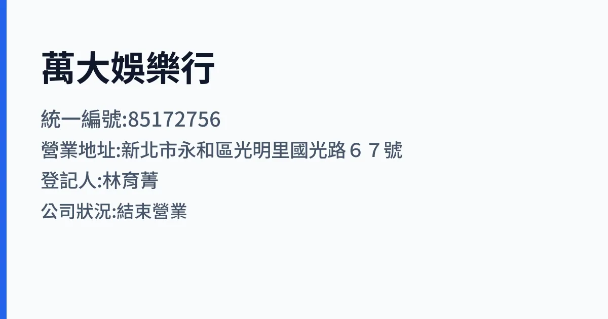 萬大娛樂行 - 統編 85172756(新北市) 公司登記資料與營業項目詳細圖表