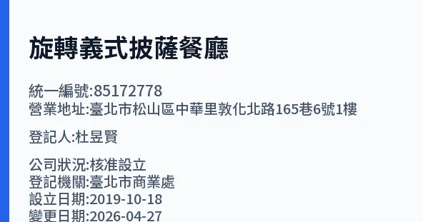 旋轉義式披薩餐廳的照片-統編 85172778(臺北市) 公司登記資料與營業項目詳細圖表
