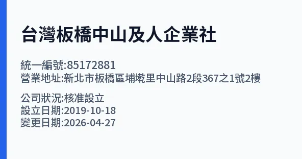 台灣板橋中山及人企業社的照片-統編 85172881(新北市) 公司登記資料與營業項目詳細圖表