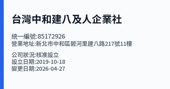 台灣中和建八及人企業社的照片-統編 85172926(新北市) 公司登記資料與營業項目詳細圖表