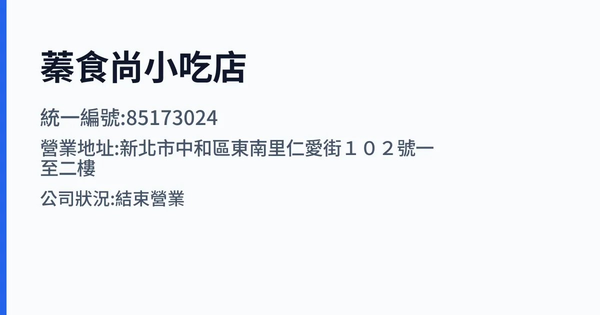 蓁食尚小吃店 - 統編 85173024(新北市) 公司登記資料與營業項目詳細圖表