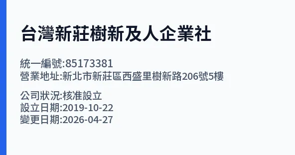 台灣新莊樹新及人企業社的照片-統編 85173381(新北市) 公司登記資料與營業項目詳細圖表