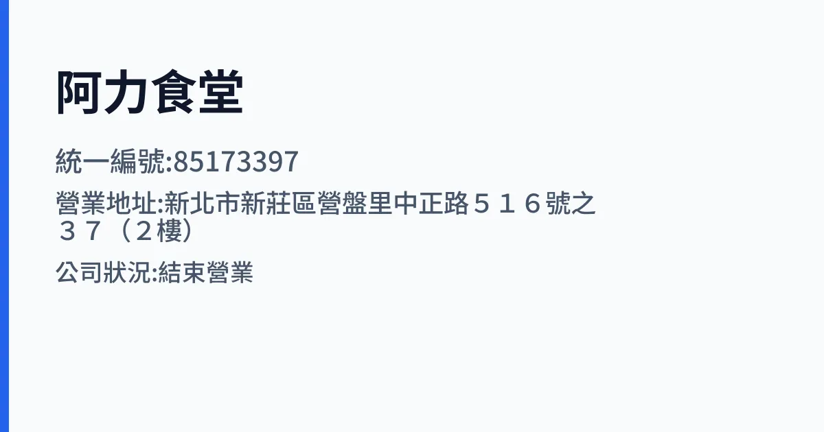 阿力食堂 - 統編 85173397(新北市) 公司登記資料與營業項目詳細圖表