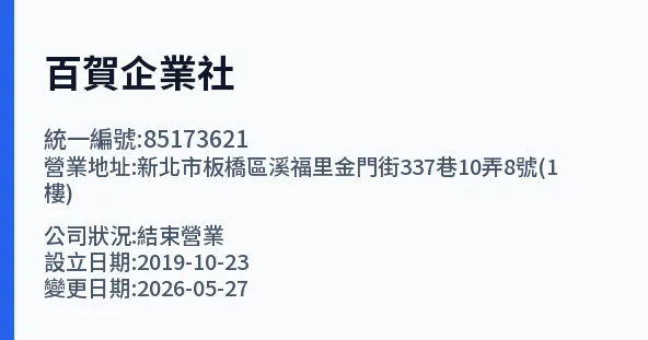 百賀企業社的照片-統編 85173621(新北市) 公司登記資料與營業項目詳細圖表