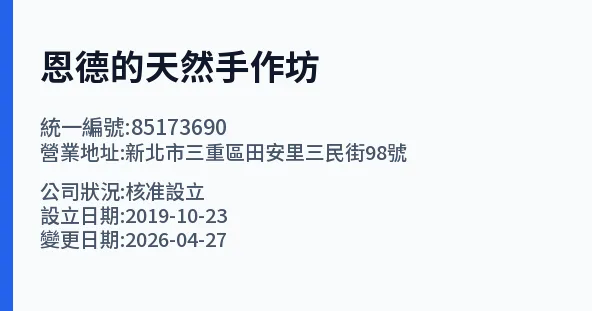 恩德的天然手作坊的照片-統編 85173690(新北市) 公司登記資料與營業項目詳細圖表