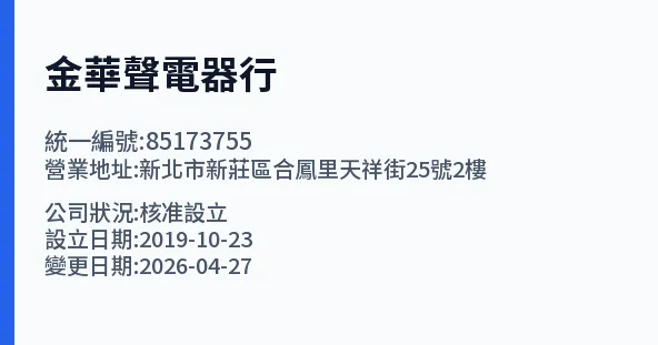 金華聲電器行的照片-統編 85173755(新北市) 公司登記資料與營業項目詳細圖表