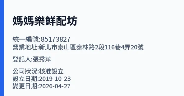 媽媽樂鮮配坊的照片-統編 85173827(新北市) 公司登記資料與營業項目詳細圖表