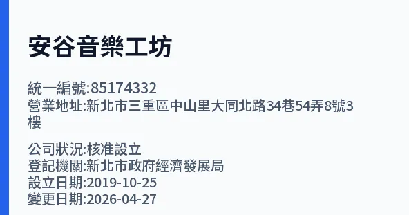 安谷音樂工坊的照片-統編 85174332(新北市) 公司登記資料與營業項目詳細圖表
