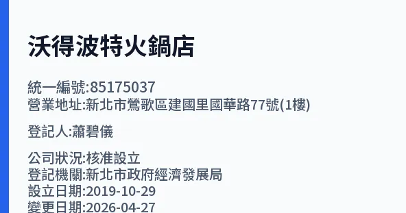 沃得波特火鍋店的照片-統編 85175037(新北市) 公司登記資料與營業項目詳細圖表
