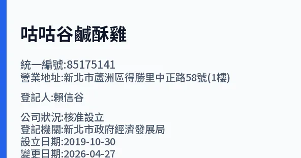 咕咕谷鹹酥雞的照片-統編 85175141(新北市) 公司登記資料與營業項目詳細圖表