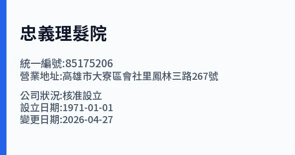 忠義理髮院的照片-統編 85175206(高雄市) 公司登記資料與營業項目詳細圖表