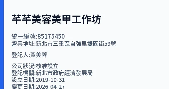 芊芊美容美甲工作坊的照片-統編 85175450(新北市) 公司登記資料與營業項目詳細圖表
