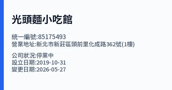 光頭麵小吃館的照片-統編 85175493(新北市) 公司登記資料與營業項目詳細圖表