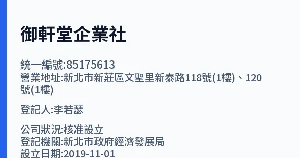 御軒堂企業社的照片-統編 85175613(新北市) 公司登記資料與營業項目詳細圖表