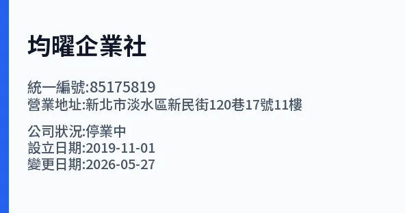 均曜企業社的照片-統編 85175819(新北市) 公司登記資料與營業項目詳細圖表