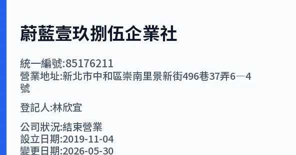 蔚藍壹玖捌伍企業社的照片-統編 85176211(新北市) 公司登記資料與營業項目詳細圖表