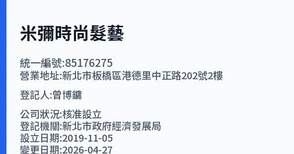 米彌時尚髮藝的照片-統編 85176275(新北市) 公司登記資料與營業項目詳細圖表