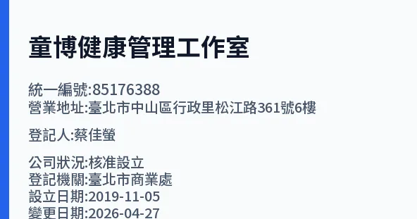 童博健康管理工作室的照片-統編 85176388(臺北市) 公司登記資料與營業項目詳細圖表