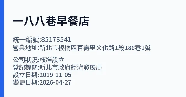 一八八巷早餐店的照片-統編 85176541(新北市) 公司登記資料與營業項目詳細圖表