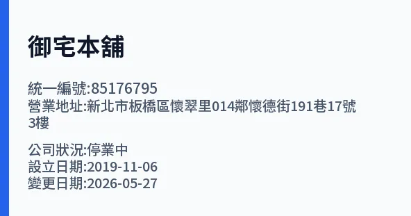 御宅本舖的照片-統編 85176795(新北市) 公司登記資料與營業項目詳細圖表