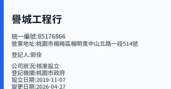 譽城工程行的照片-統編 85176866(桃園市) 公司登記資料與營業項目詳細圖表