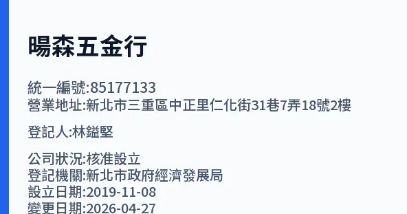 暘森五金行的照片-統編 85177133(新北市) 公司登記資料與營業項目詳細圖表