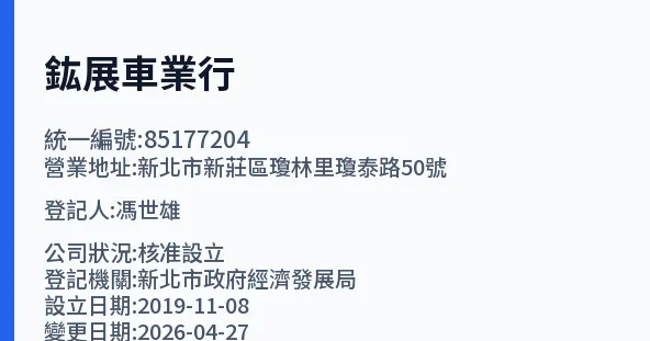 鈜展車業行的照片-統編 85177204(新北市) 公司登記資料與營業項目詳細圖表